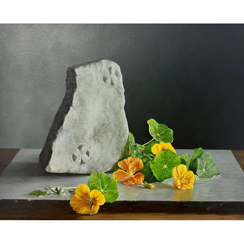 'May: Nasturtiums & Altar Stone' by artist painter Peter Atkinson NZ – Railway Street Gallery ...